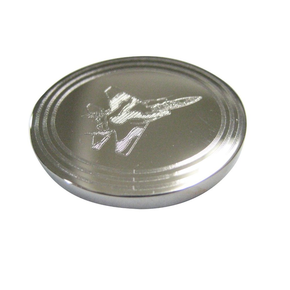 Silver Toned Etched Oval Fighter Jet Plane Magnet - Gem